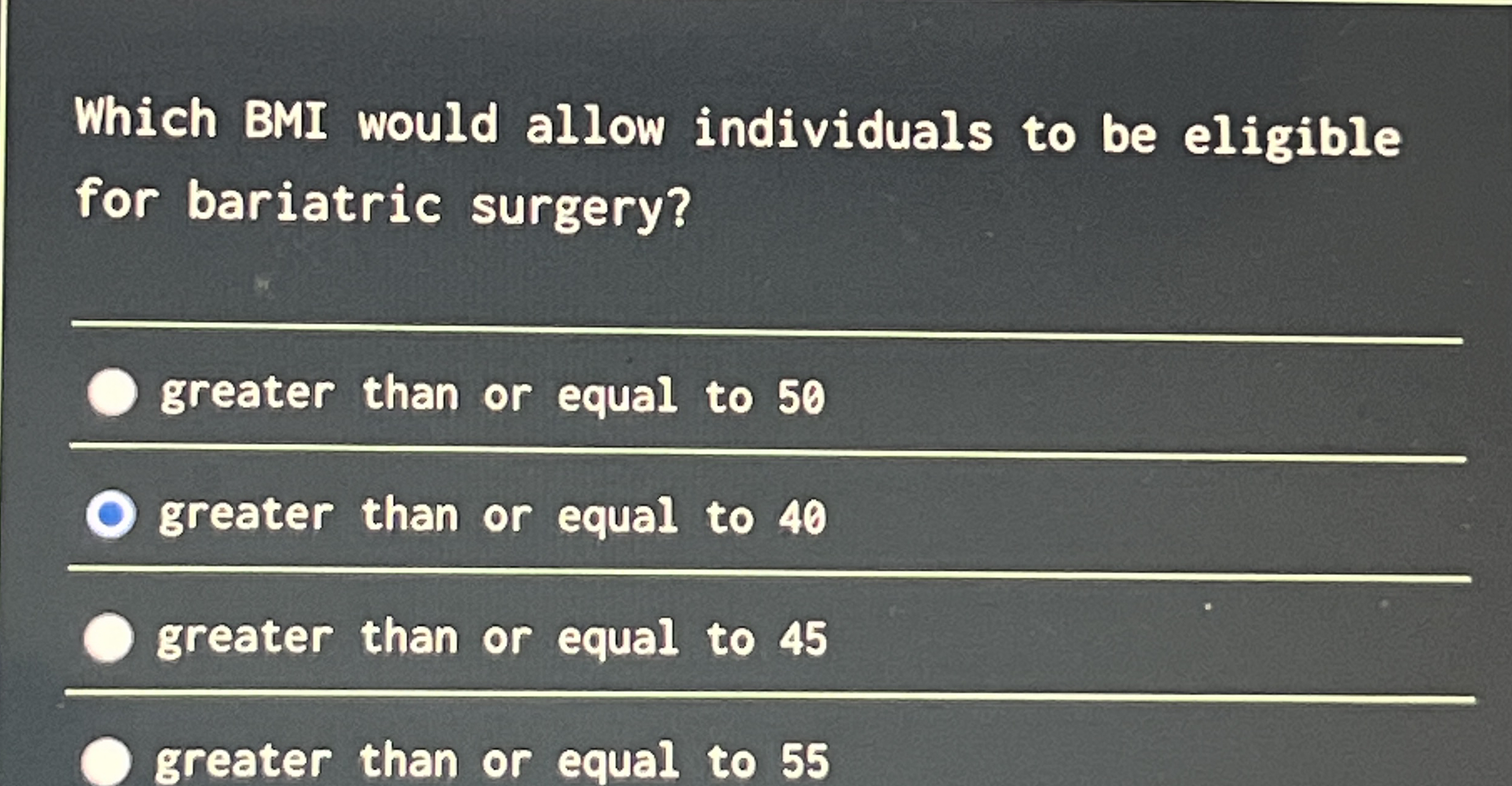 Solved Which BMI would allow individuals to be eligible for | Chegg.com
