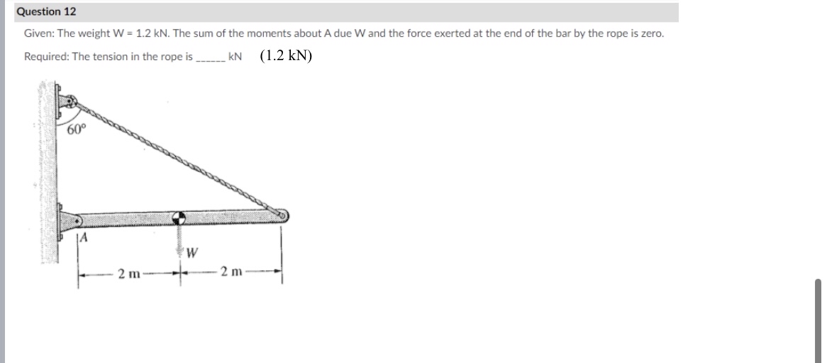 Solved Question 12Given: The weight W=1.2kN. ﻿The sum of the | Chegg.com