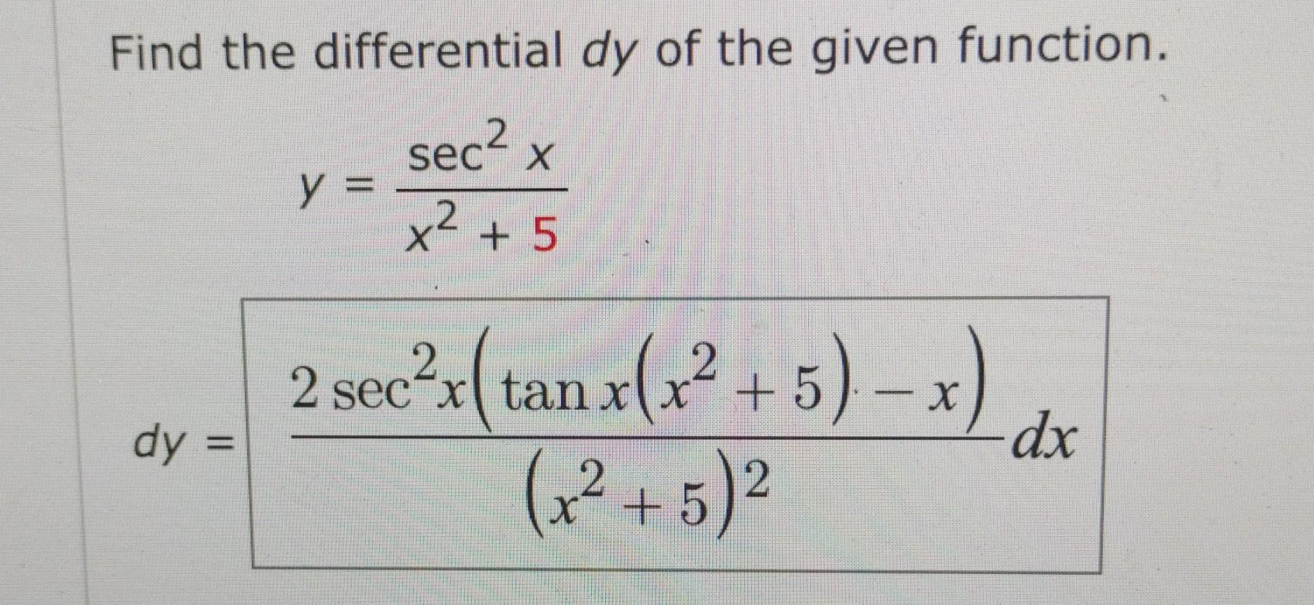 Solved Find the differential dy of the given function. | Chegg.com