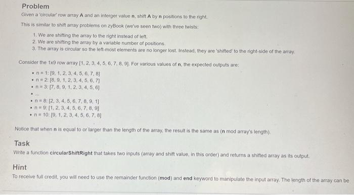 Solved Problem Given A Circular Row Array A And An Interger 