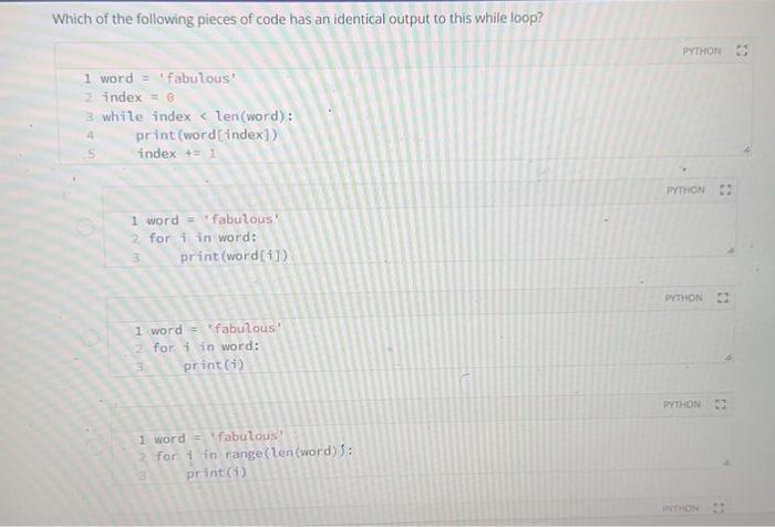 Solved Which of the following pieces of code has an | Chegg.com