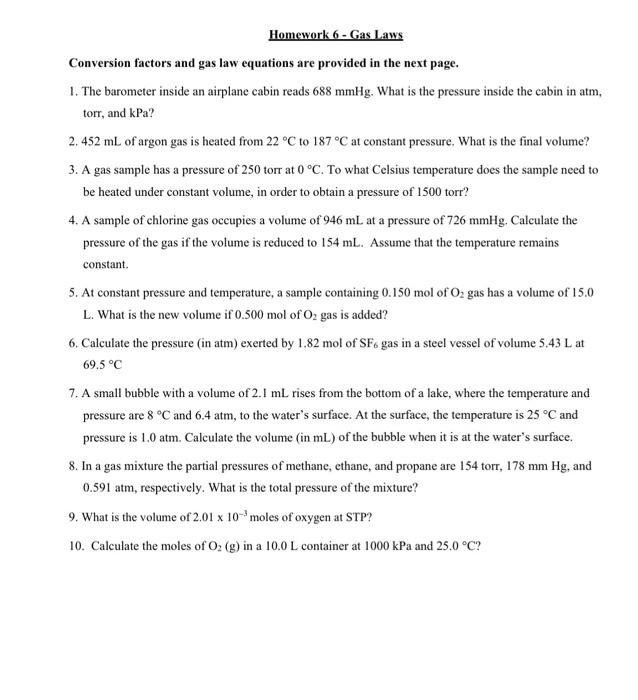 Solved Homework 6 - Gas Laws Conversion factors and gas law | Chegg.com