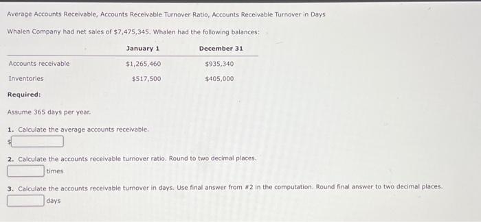 Solved Average Accounts Receivable, Accounts Recelvable | Chegg.com