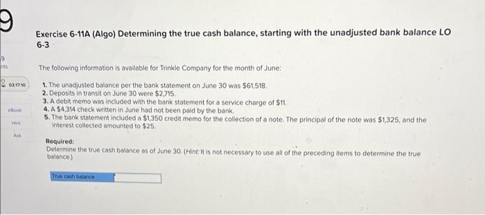 Solved Exercise 6-11A (Algo) Determining the true cash | Chegg.com