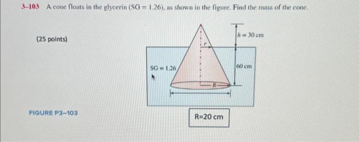Solved -103 A cone floats in the glycerin ( SG=1.26 ), as | Chegg.com