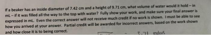 Solved If a beaker has an inside diameter of 7.42 cm and a | Chegg.com