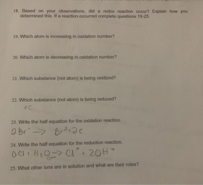 Solved 18. Based on your observations, did a redox reaction | Chegg.com