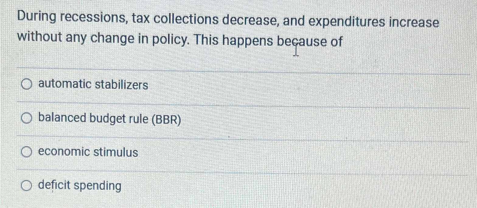 Solved During recessions, tax collections decrease, and | Chegg.com