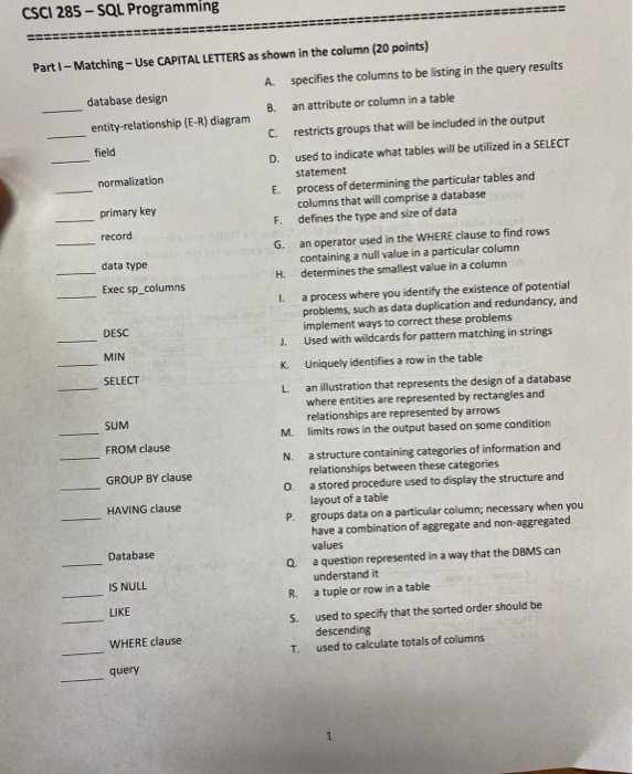 Solved CSCI 285 - SQL Programming D F. G H. L . Part I - | Chegg.com