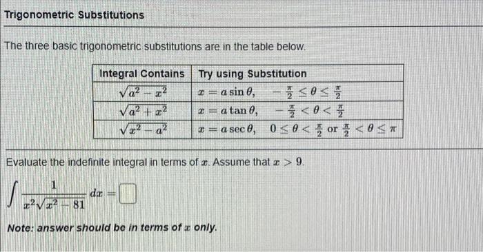 Solved Trigonometric Substitutions The three basic | Chegg.com