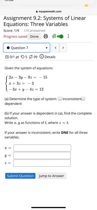 Solved myopenmath.com Assignment 9.2: Systems of Linear | Chegg.com
