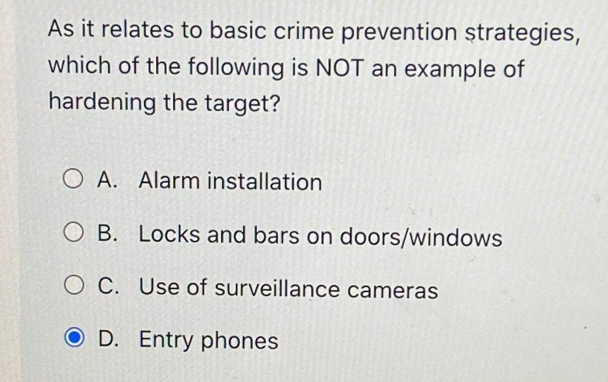Solved As it relates to basic crime prevention strategies, | Chegg.com