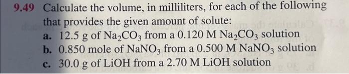 Solved 9.49 Calculate the volume, in milliliters, for each | Chegg.com