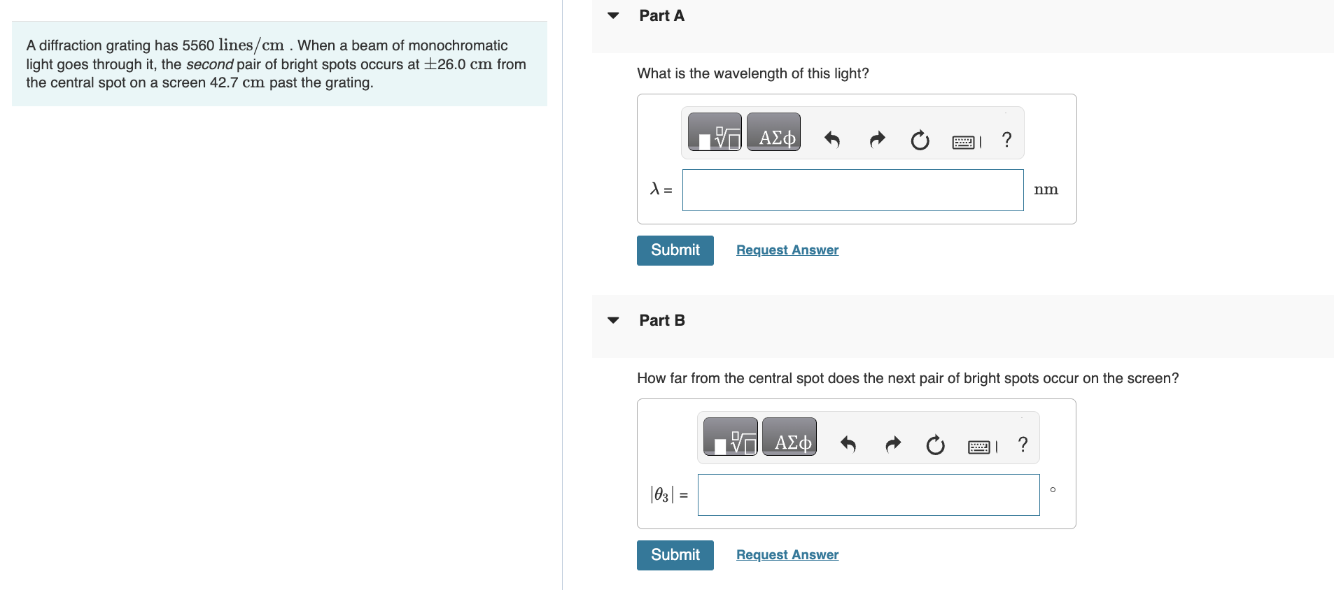Solved Part AA diffraction grating has 5560 ﻿lines ?cm. | Chegg.com