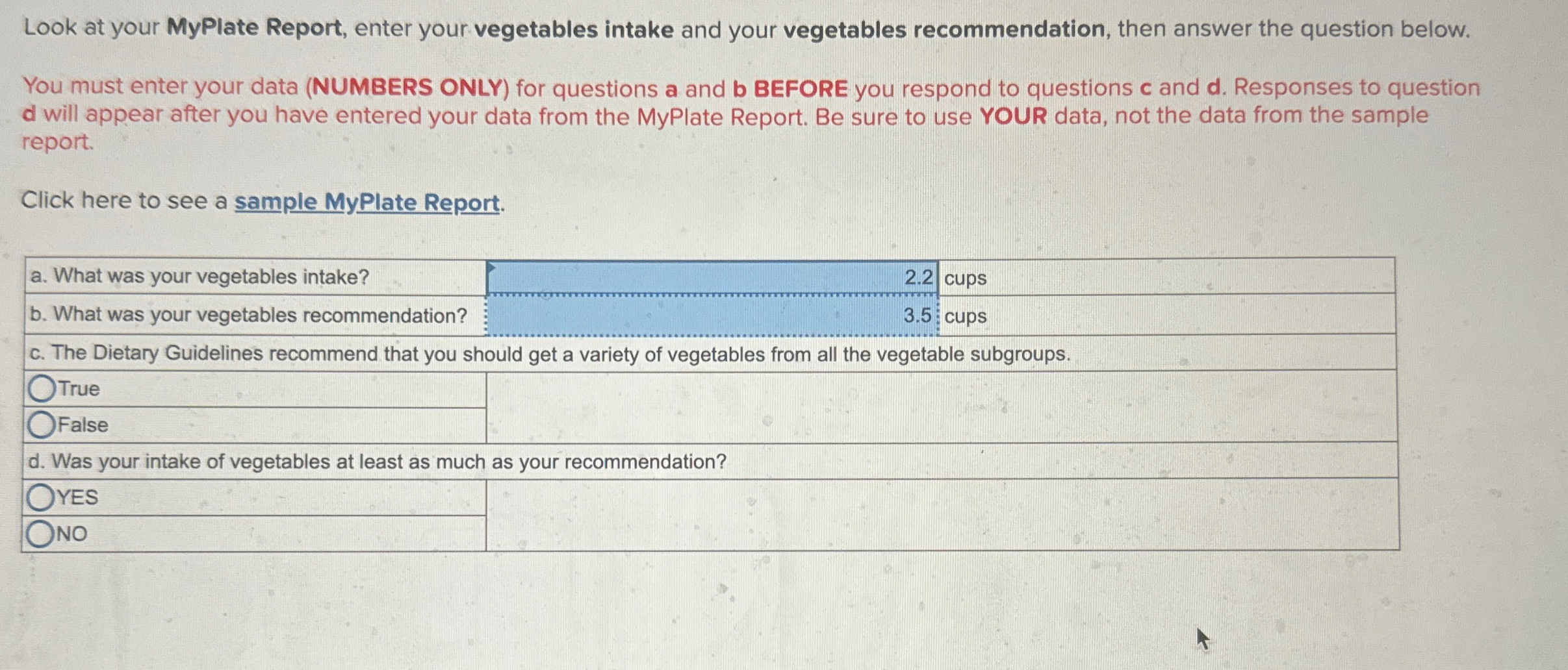 Solved Look at your MyPlate Report, enter your vegetables | Chegg.com
