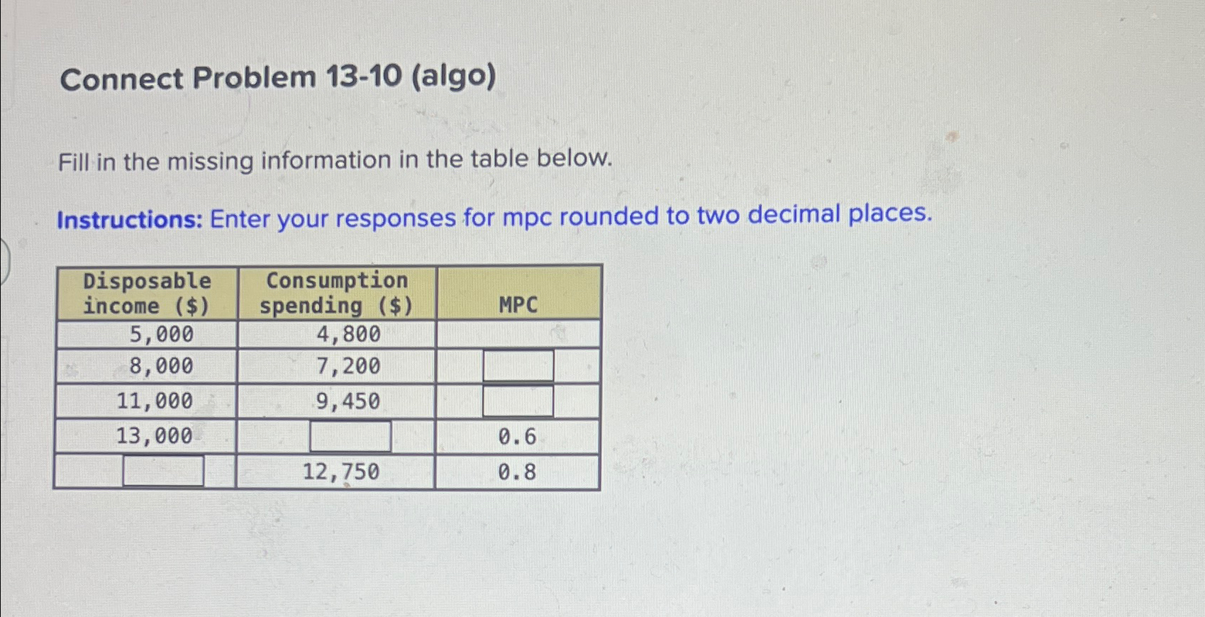 Solved Connect Problem 13-10 (algo)Fill in the missing | Chegg.com