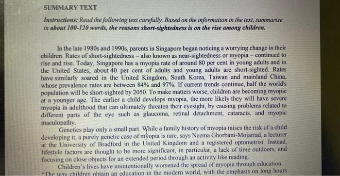 SUMMARY TEXT Instructions: Read the following text | Chegg.com