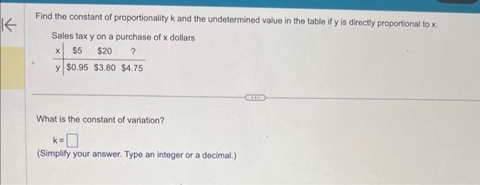 Solved Find the constant of proportionality k and the | Chegg.com