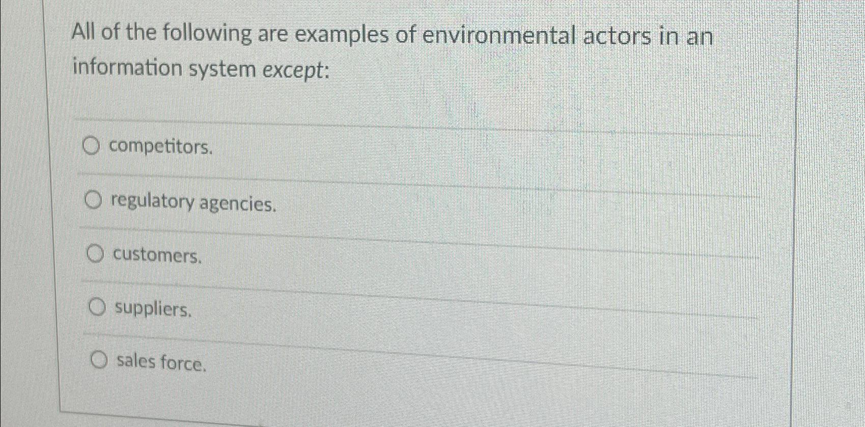 Solved All of the following are examples of environmental | Chegg.com