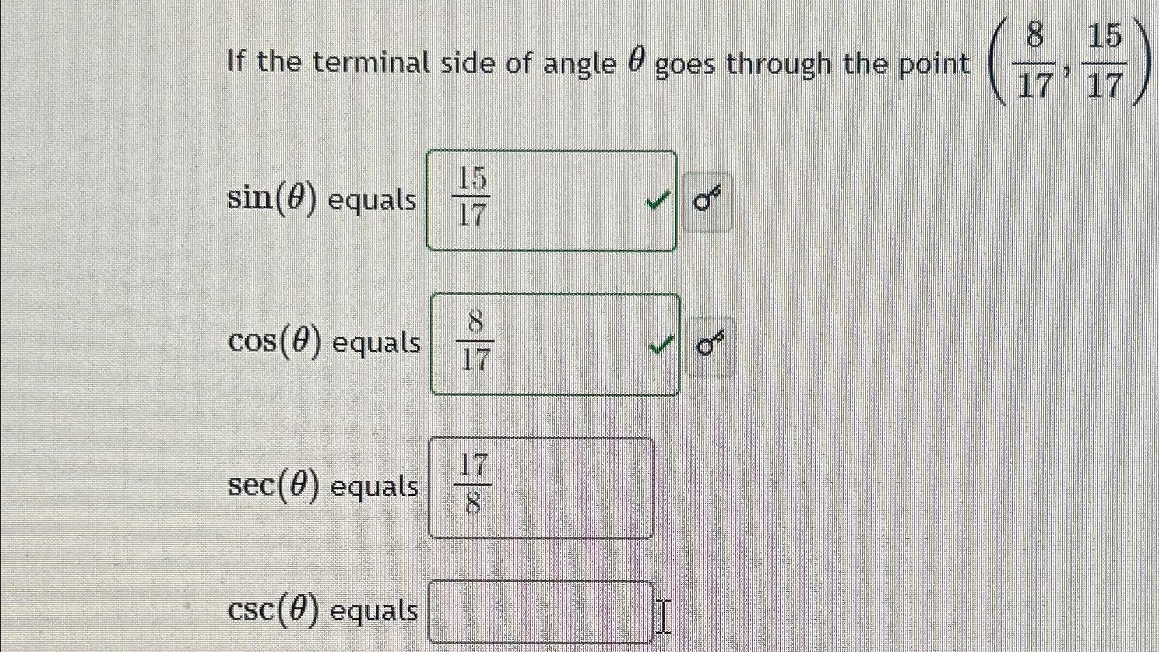 Solved If the terminal side of angle θ ﻿goes through the | Chegg.com