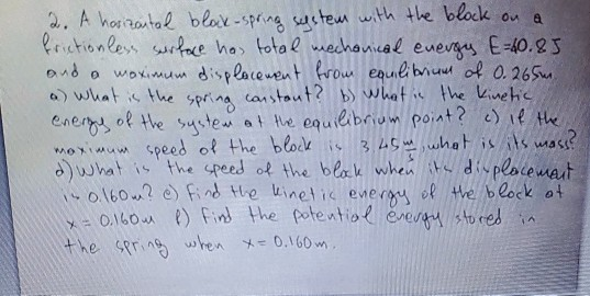 Solved 2. A horizontal block-spring sehstem with the block | Chegg.com