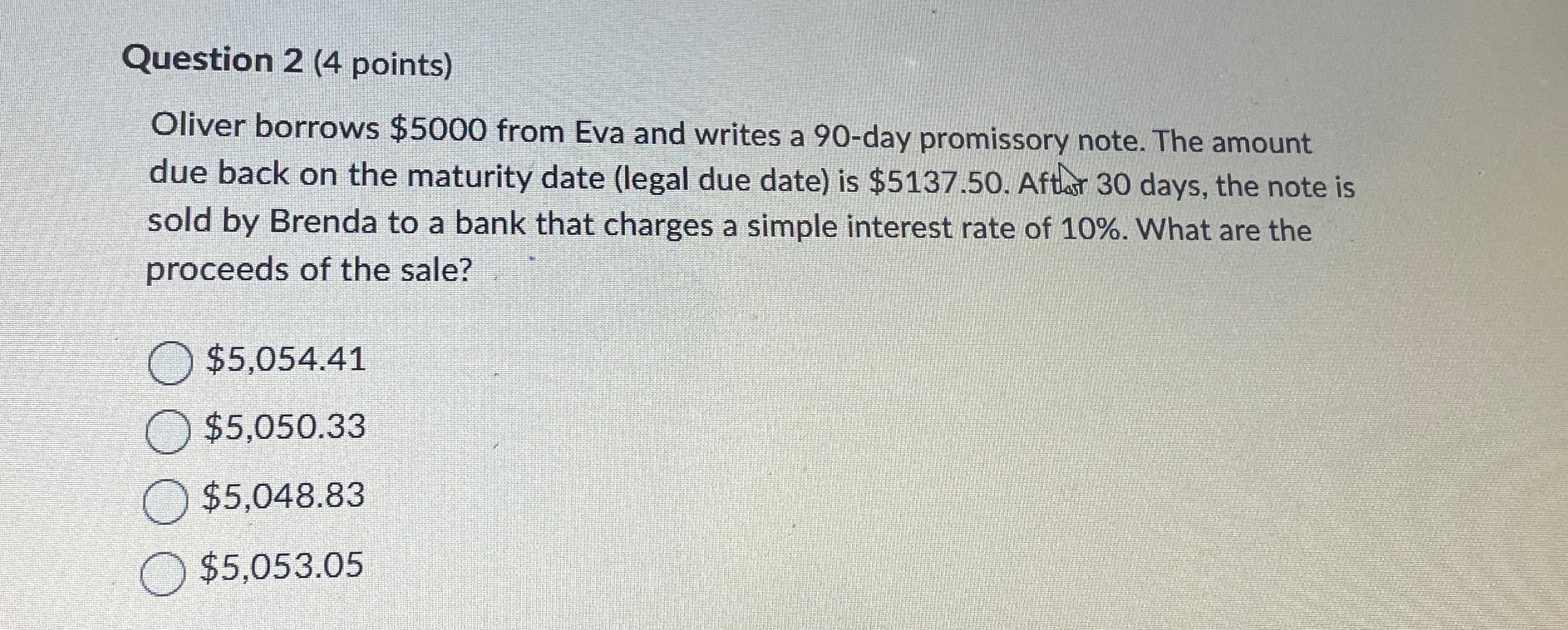 Solved Question 2 (4 ﻿points)Oliver borrows $5000 ﻿from Eva | Chegg.com