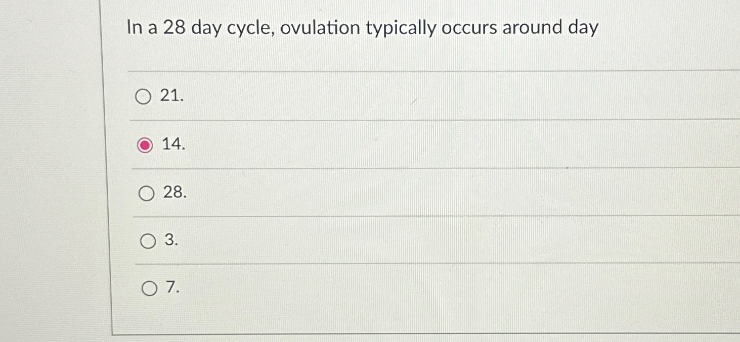 Solved In a 28 ﻿day cycle, ovulation typically occurs around | Chegg.com