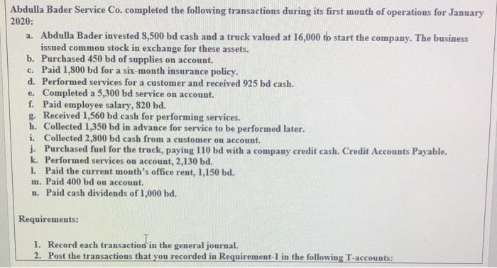 Solved Abdulla Bader Service Co. completed the following | Chegg.com