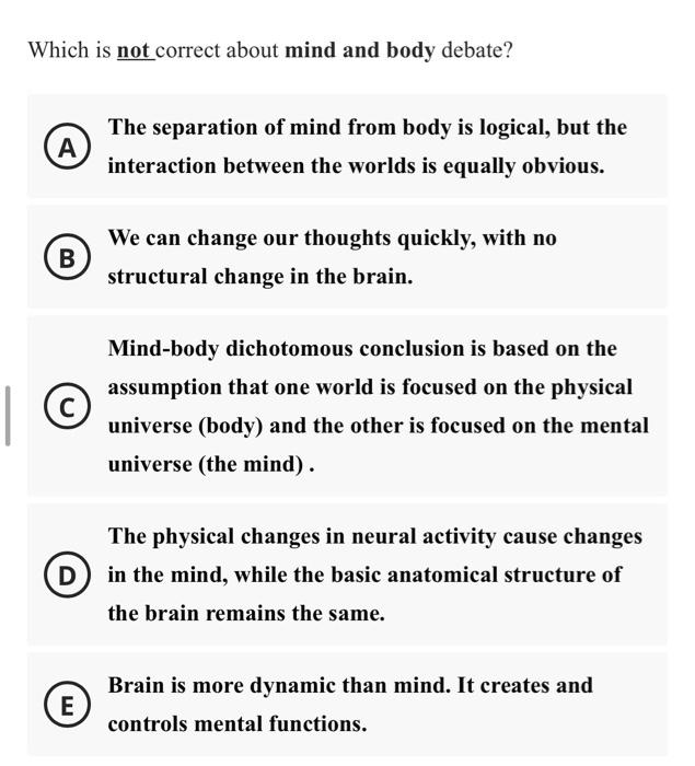 Solved Which is not correct about mind and body debate? A А | Chegg.com