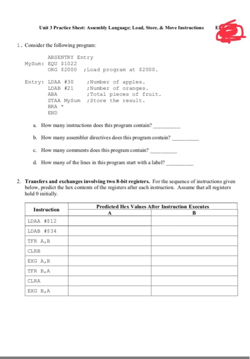 Solved Unit 3 Practice Sheet: Assembly Language; Load, | Chegg.com
