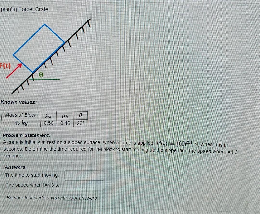 Solved points) Force_Crate F(t) Known values: 0 Mass of | Chegg.com