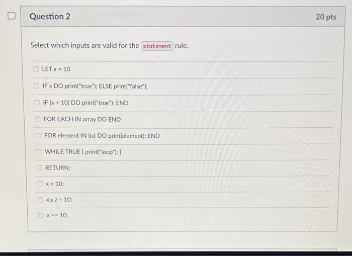 Solved Question 1 Select which inputs are valid for the No | Chegg.com