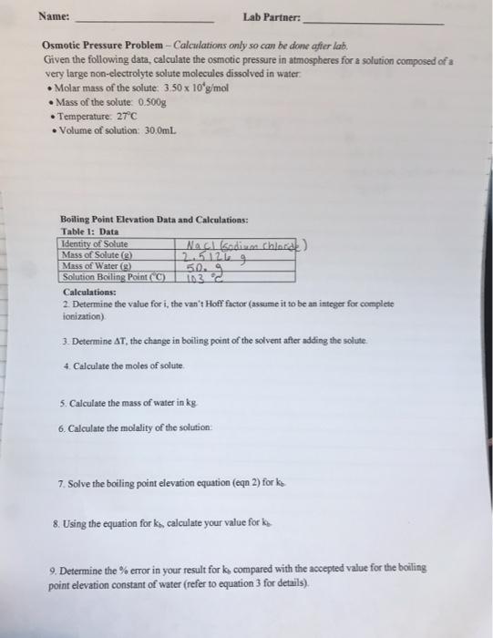 Solved Name: Lab Partner: Osmotic Pressure Problem - | Chegg.com