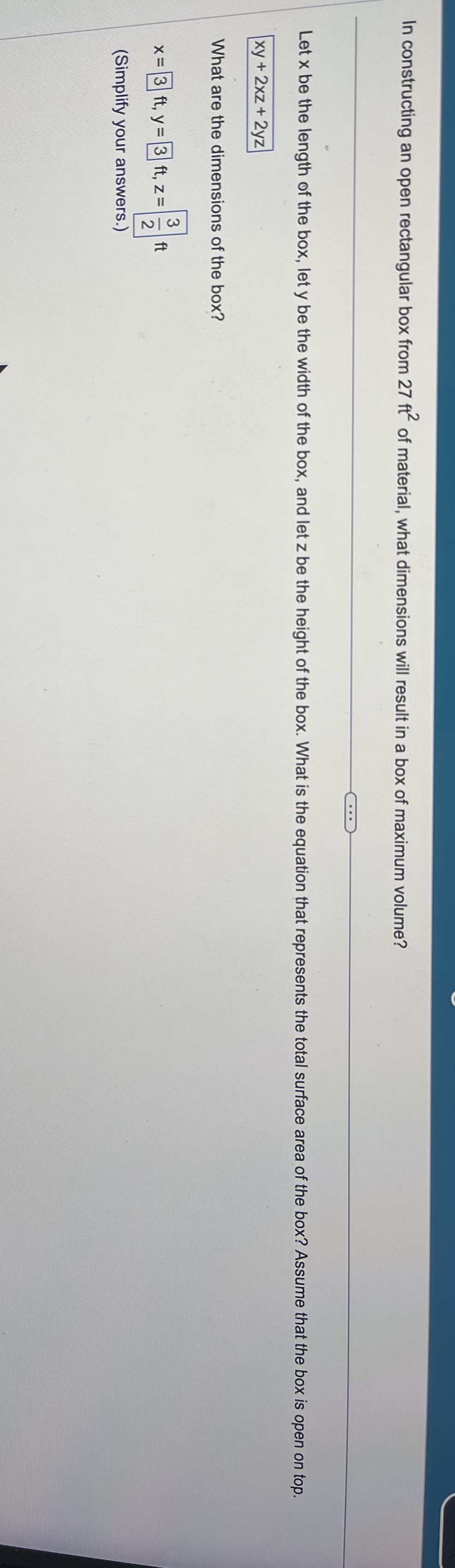 Solved In constructing an open rectangular box from 27ft2 | Chegg.com