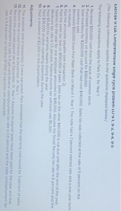 Solved Exercise 9-13A Comprehensive single cycle problem LO | Chegg.com