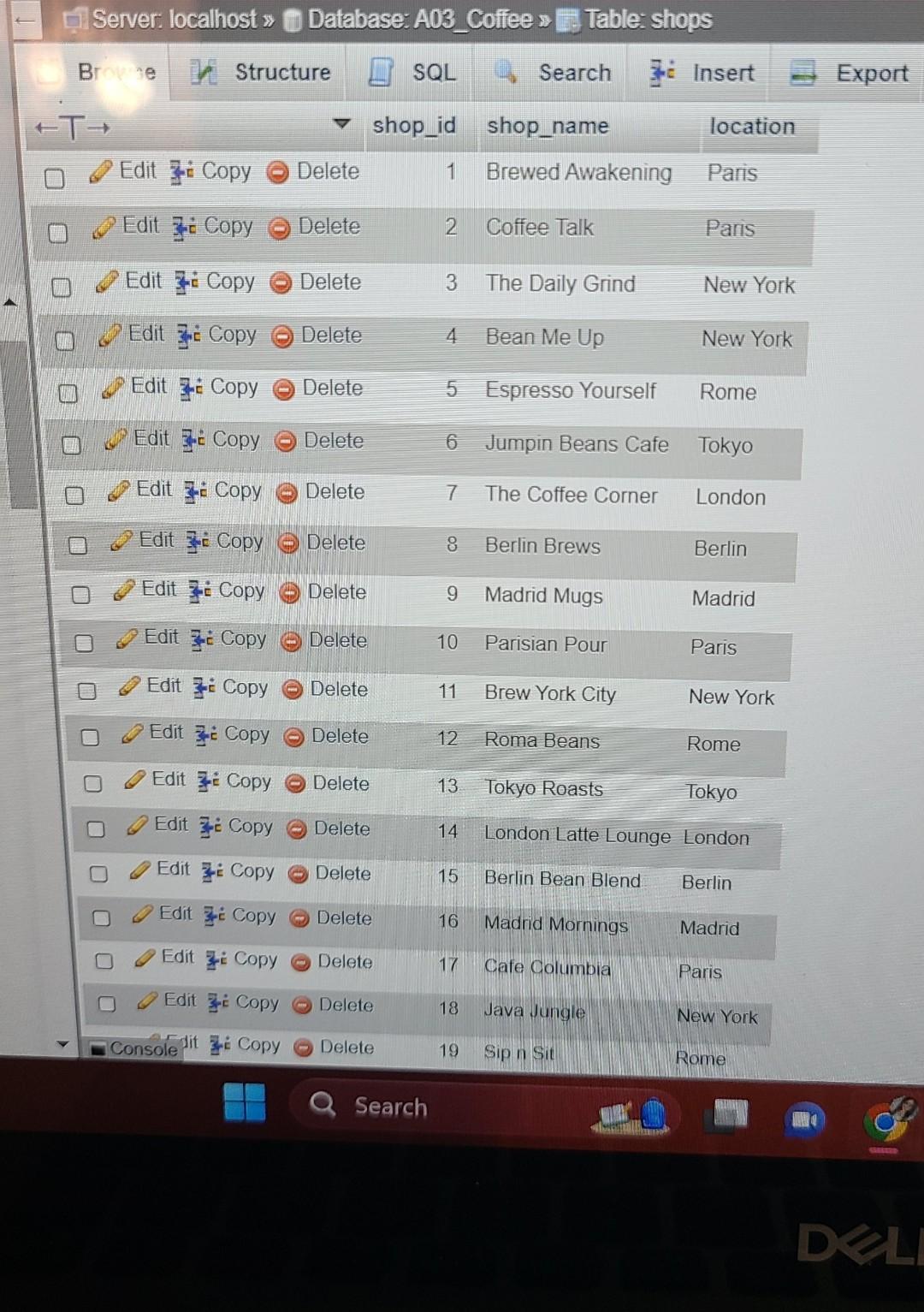 Solved ← ㅁ. Server: localhost » 0 Database:A03_Cofiee 2 E | Chegg.com