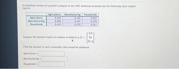 Solved A simplified version of Leontief's analysis of the | Chegg.com