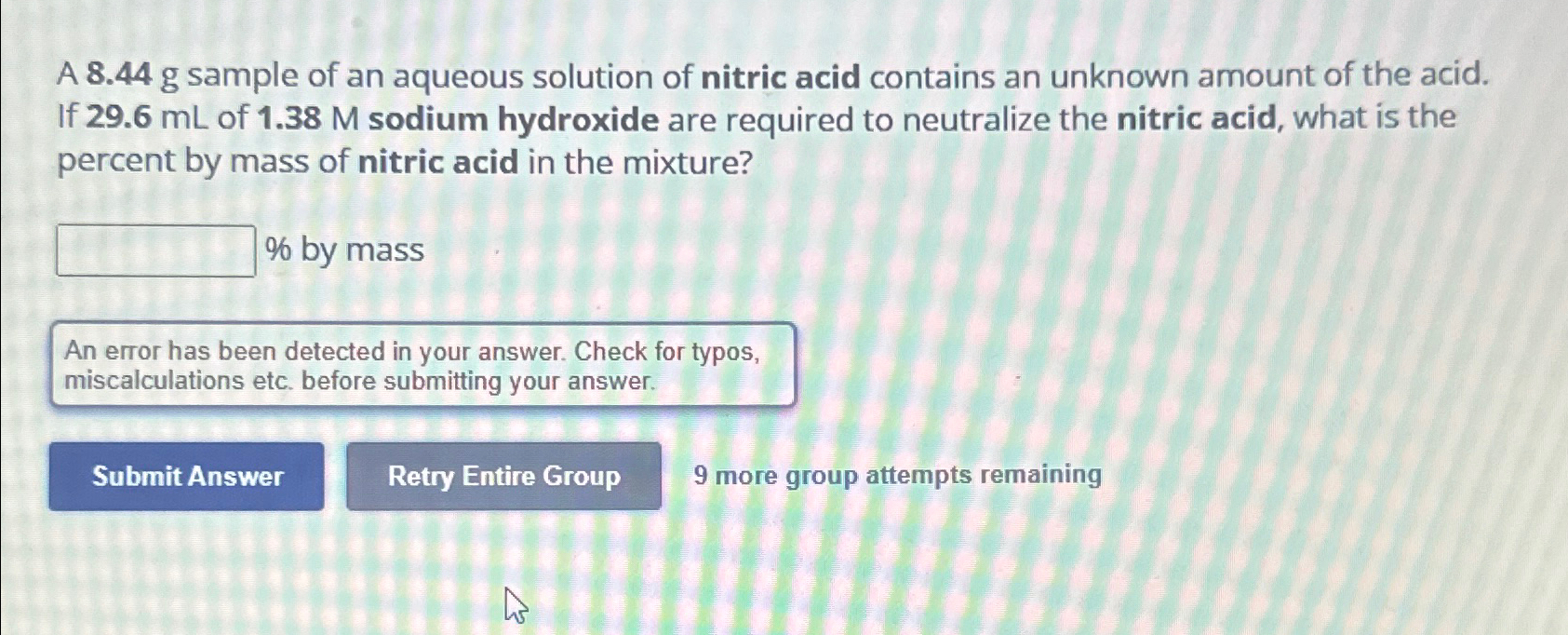 Solved A 8.44g ﻿sample of an aqueous solution of nitric acid | Chegg.com