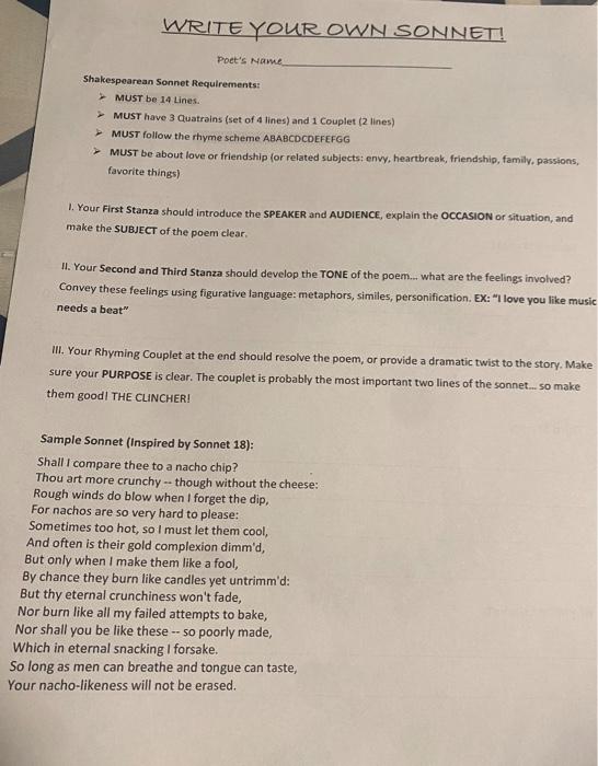 WRITE YOUR OWN SONNET! Poet's Name Shakespearean | Chegg.com