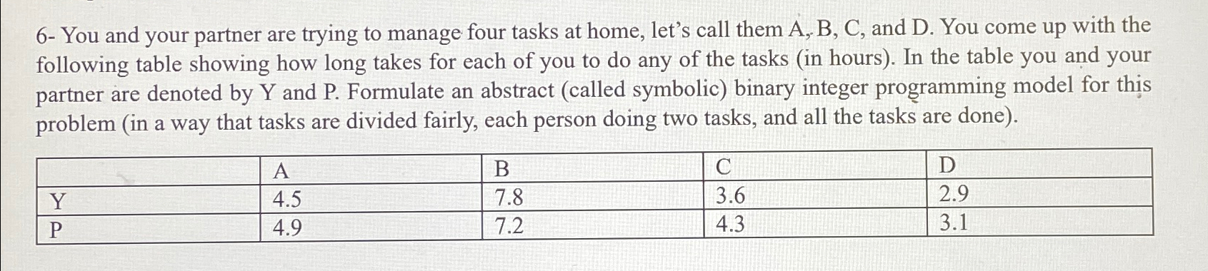 Solved 6- ﻿You and your partner are trying to manage four | Chegg.com