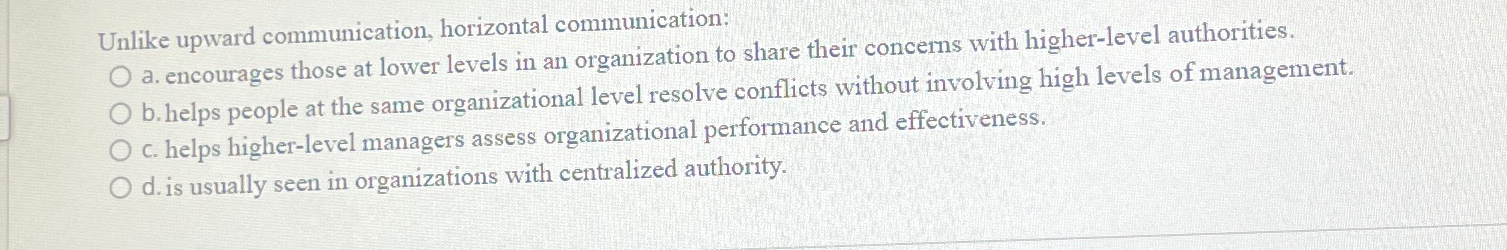 Solved Unlike upward communication, horizontal | Chegg.com