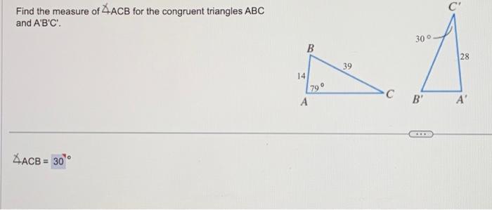 Solved Find the measure of ACB for the congruent triangles | Chegg.com