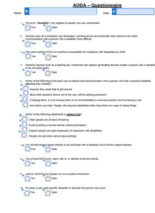 Solved AODA - Questionnaire * Name: Date alse The term | Chegg.com