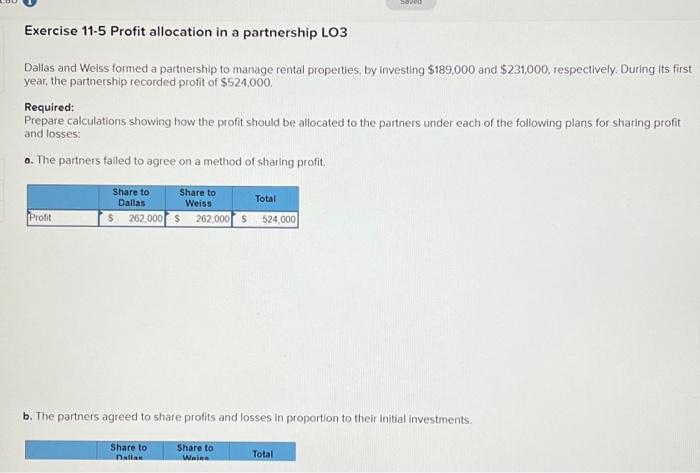 Exercise 11-5 Profit allocation in a partnership LO3 | Chegg.com