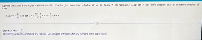 Solved Suppose that A and B are angles in standard position. | Chegg.com
