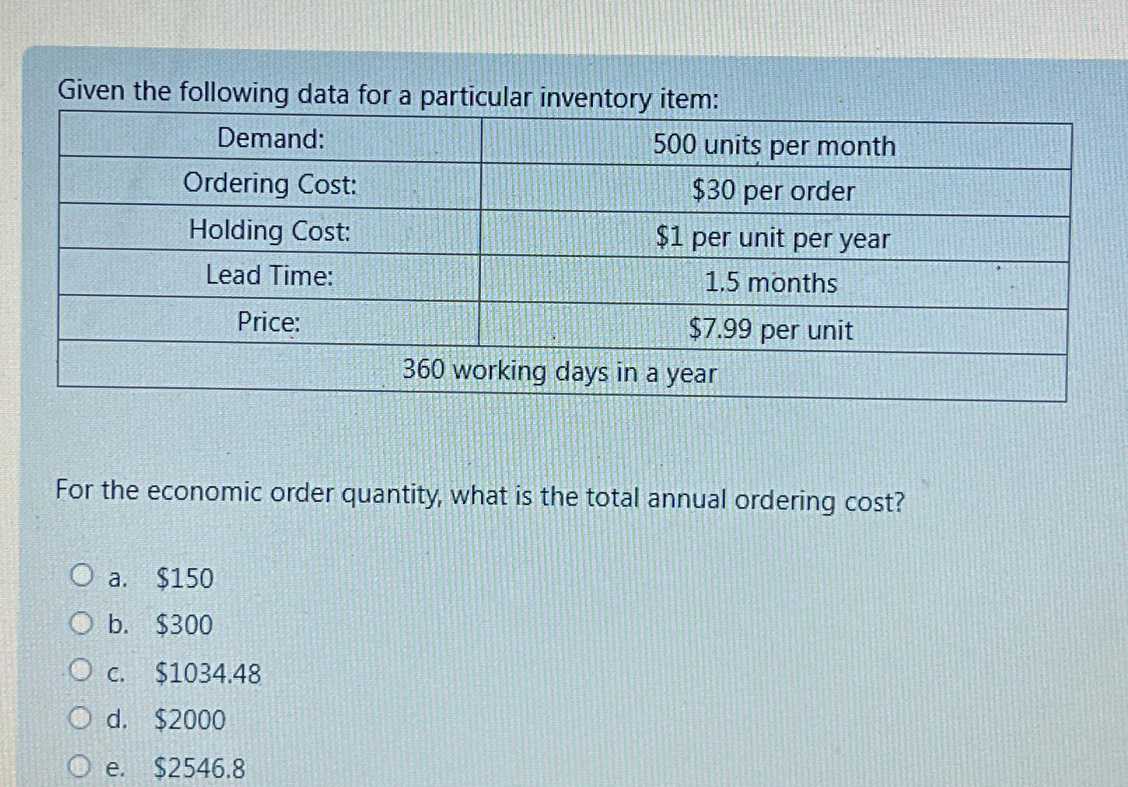 Solved Given the following data for a particular inventory | Chegg.com