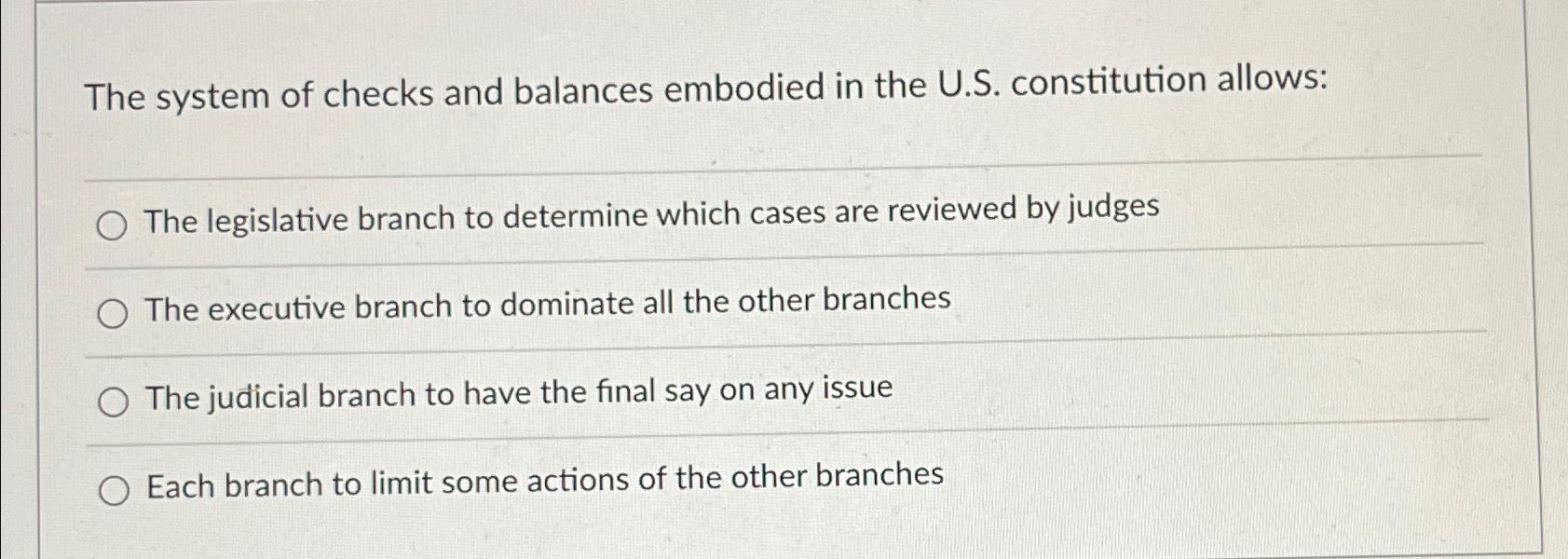 Solved The system of checks and balances embodied in the | Chegg.com