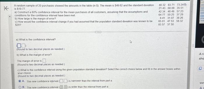 Solved A random sample of 20 purchases showed the amounts in | Chegg.com