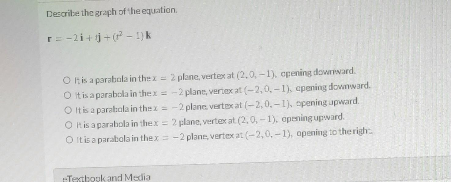 Solved Describe the graph of the equation. r = -2i+tj +(t2 - | Chegg.com
