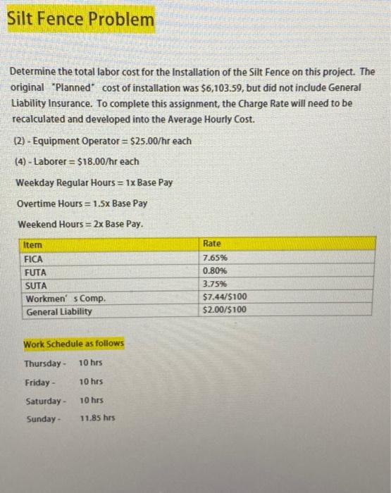 Solved Silt Fence Problem Determine the total labor cost for | Chegg.com